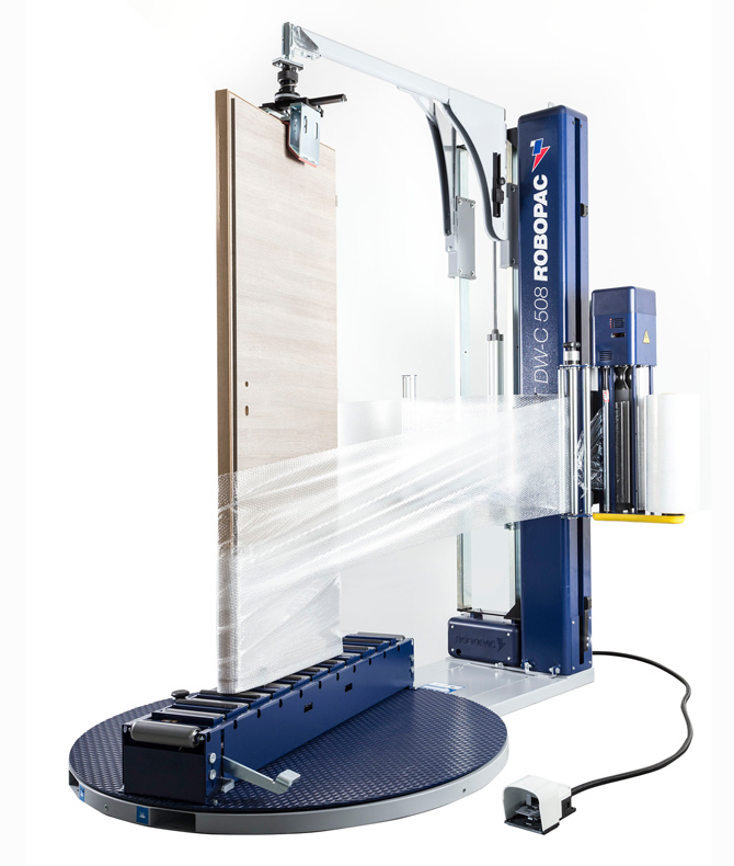 Infoliator paleti cu masa rotativa pentru usi si ferestre